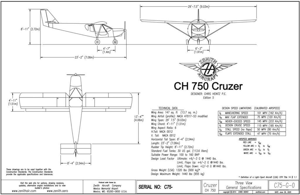 Specifications of the Zenith CH750 Cruzer - Zenith Aircraft Company