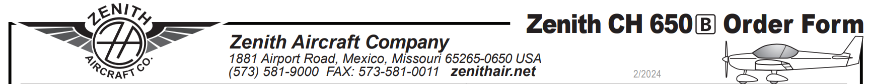 Order Form Zenithair Stol CH 650 - Zenith Aircraft Company